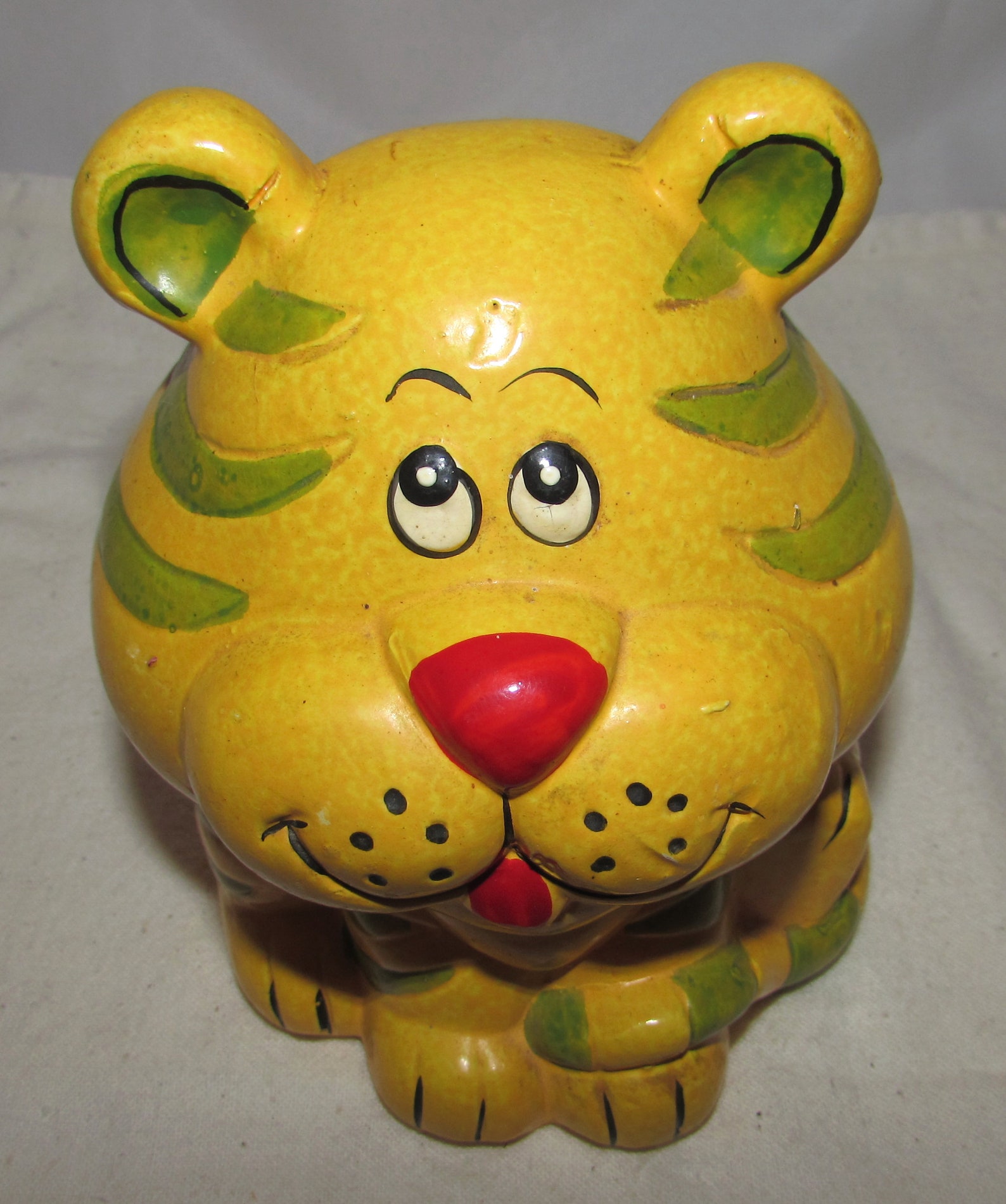 Vintage Yellow Chalkware Coin Bank, Tiger With Green Stripes - Etsy