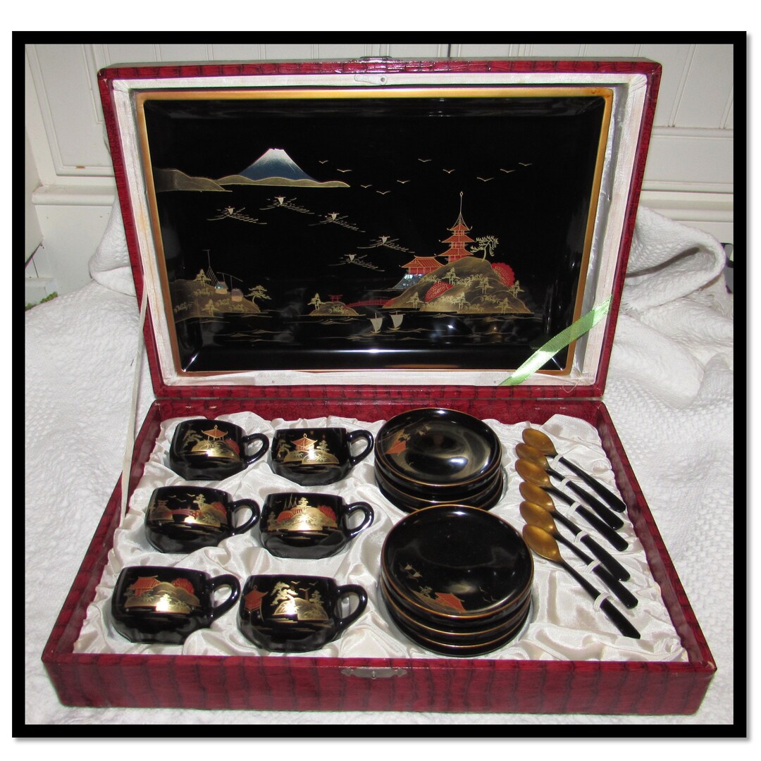 Set of 6 Vintage Black Lacquer Tea Set in Original Box, Cups, Saucers ...