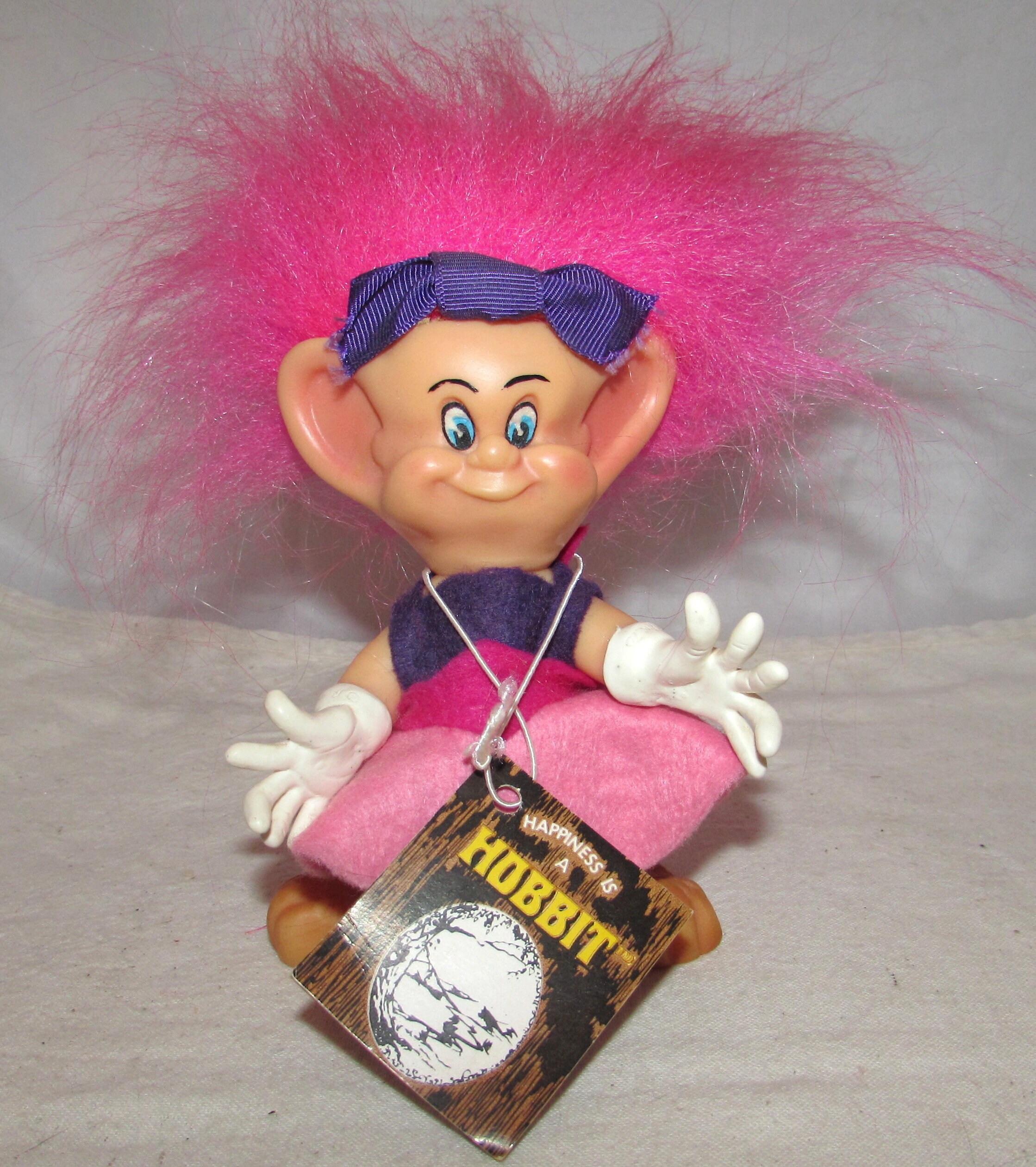 Vintage 1973 Happy Hobbit Girl Troll Doll W/ Pink Hair & Felt Dress by ...