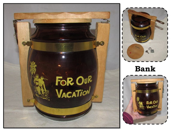 Vintage Brown Glass Barrel Coin Bank With Lock & Key for Our | Etsy