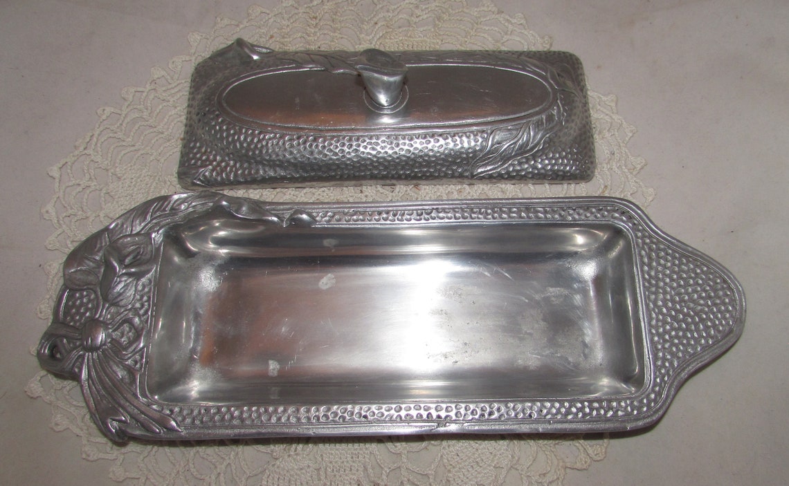Vintage Long Pewter Butter Dish W/ Lid Raised Lily Flowers - Etsy