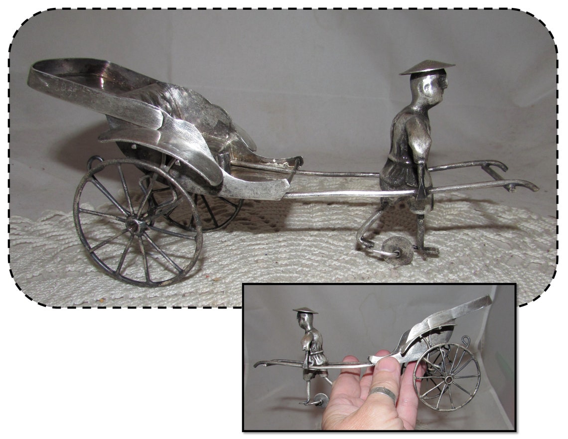 2 Vintage Chinese Rickshaw Figures Metal Toy & Bamboo Wood | Etsy