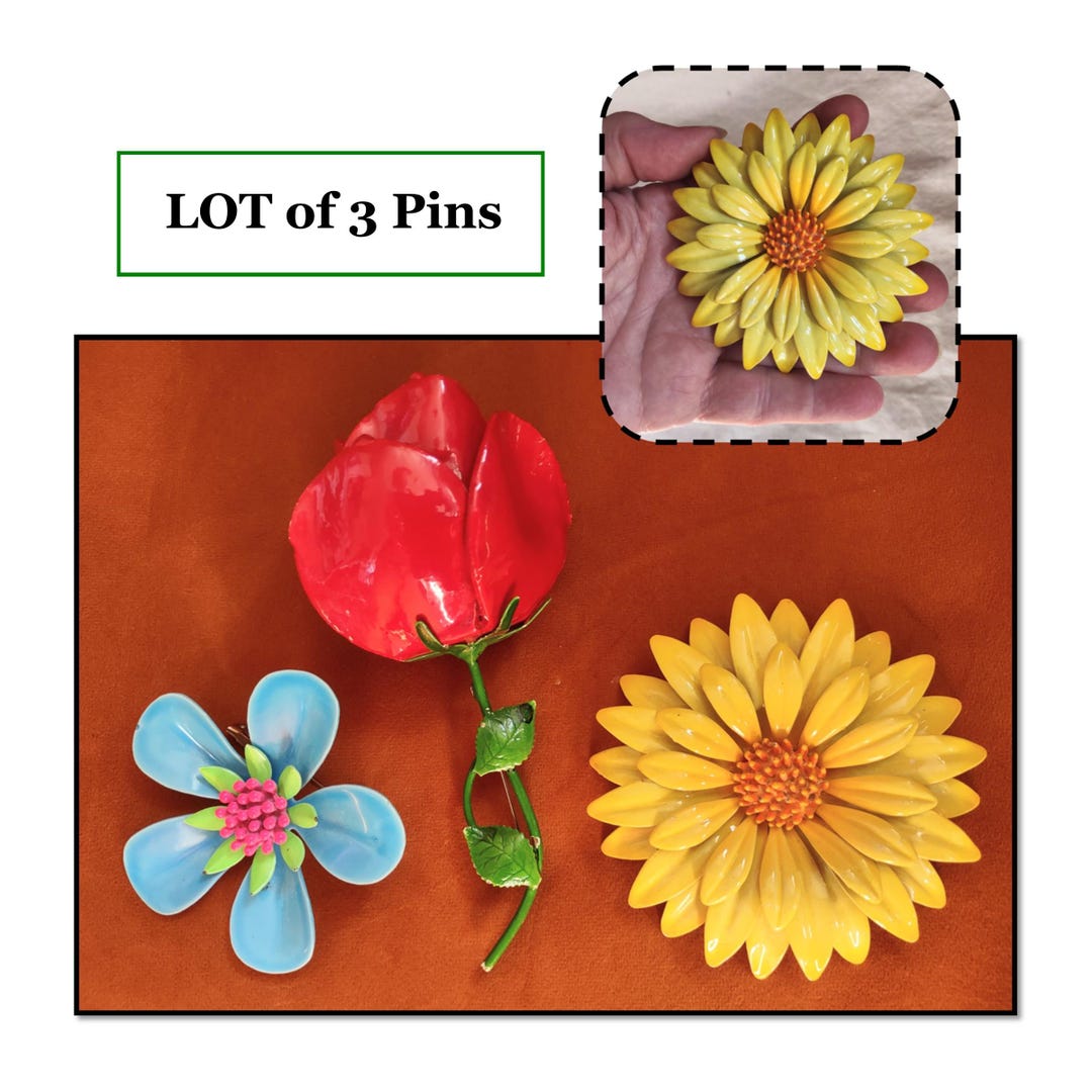 LOT of 3 - Vintage Painted Metal Flower Brooch Pins - Blue Posey, Red ...