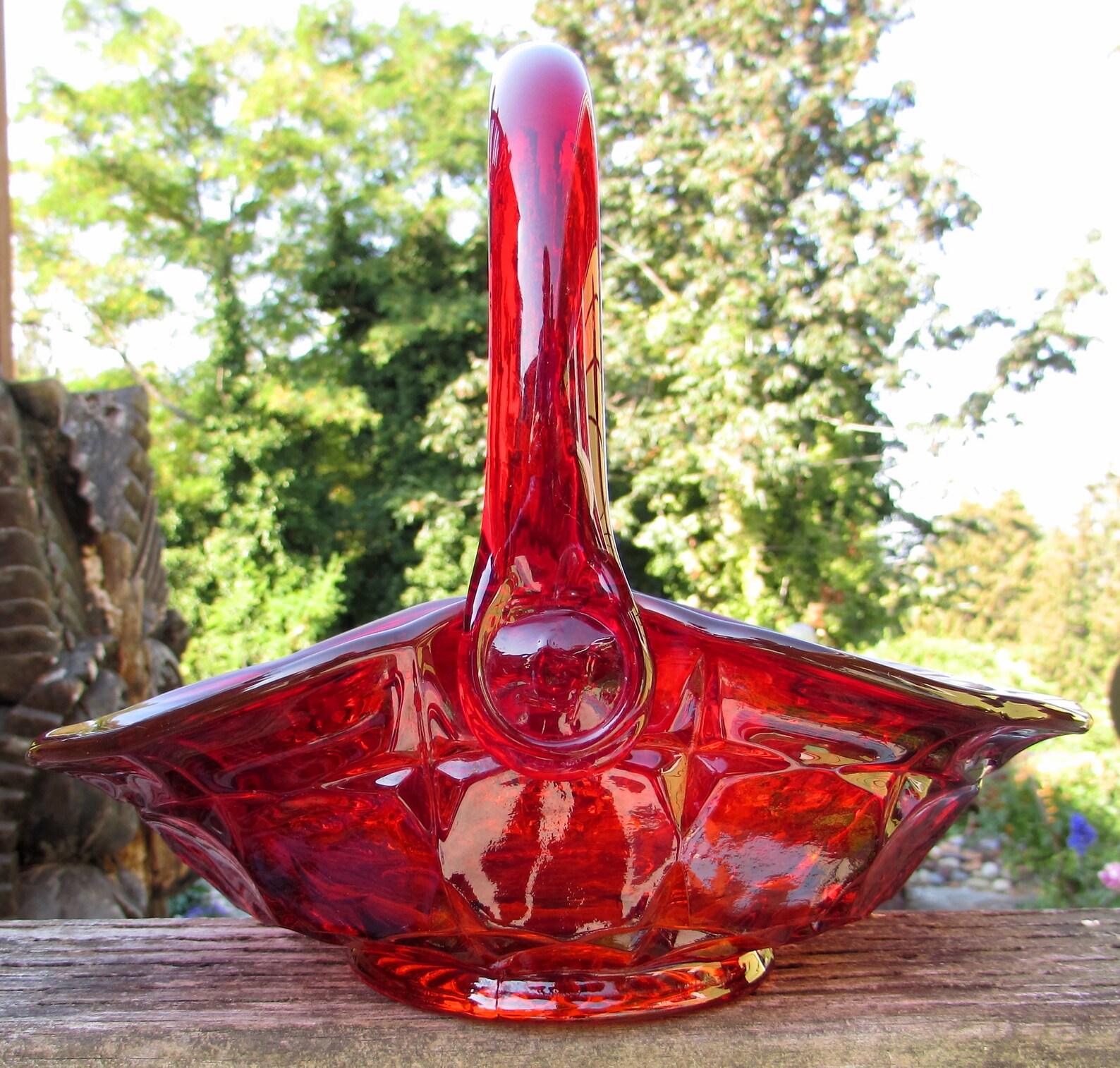 Vintage Red Amberina Glass Basket With Red Handle, Tiara Sunset ...