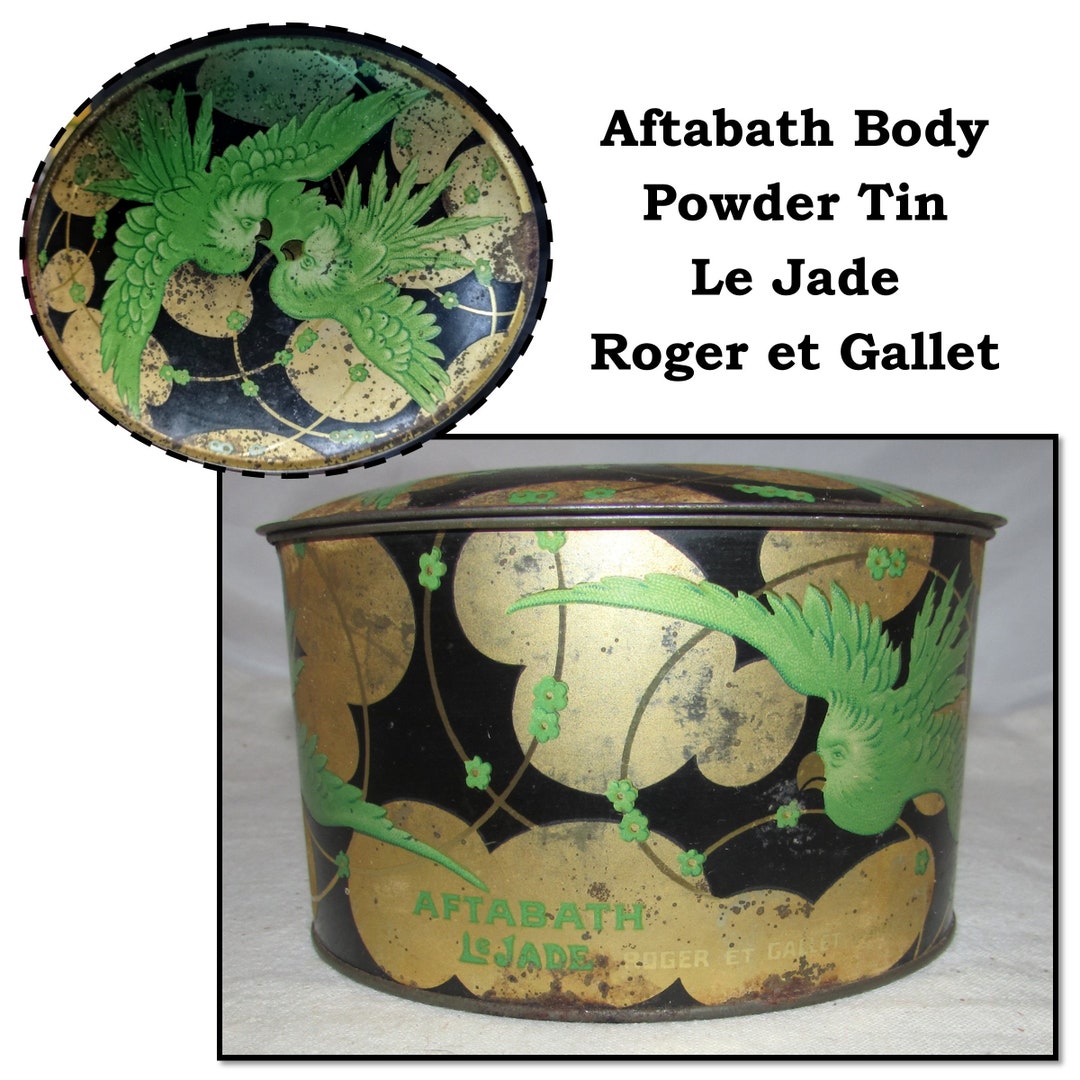Antique French Aftabath Body Powder Tin, Le Jade Green Parrots, Roger ...