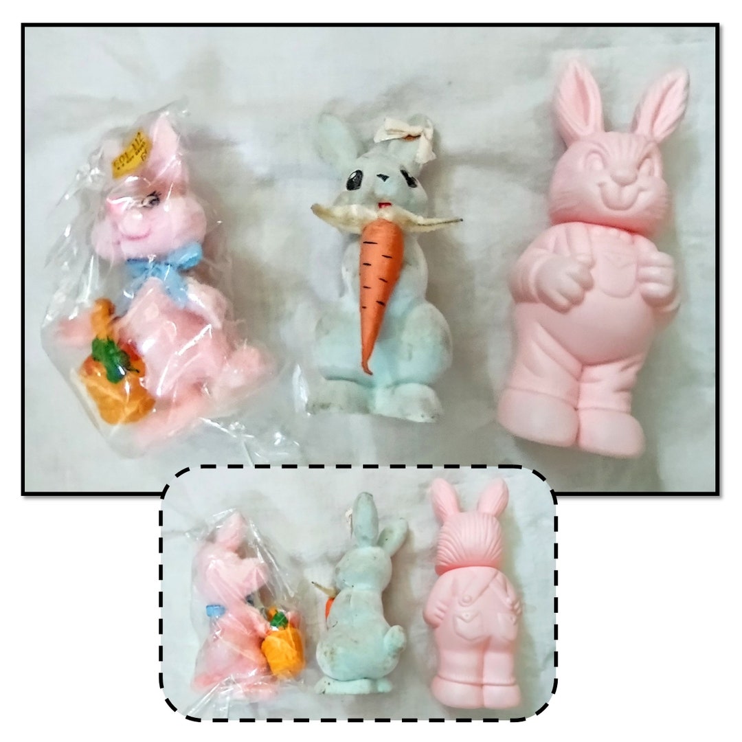 3 - Vintage Easter Bunny Decorations, Pink Flocked Floral Stick. Pink ...