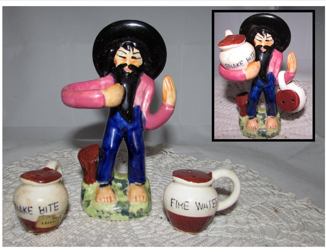 Vintage Souvenir Ceramic Hillbilly Snake Bite Fire Water Salt & Pepper ...