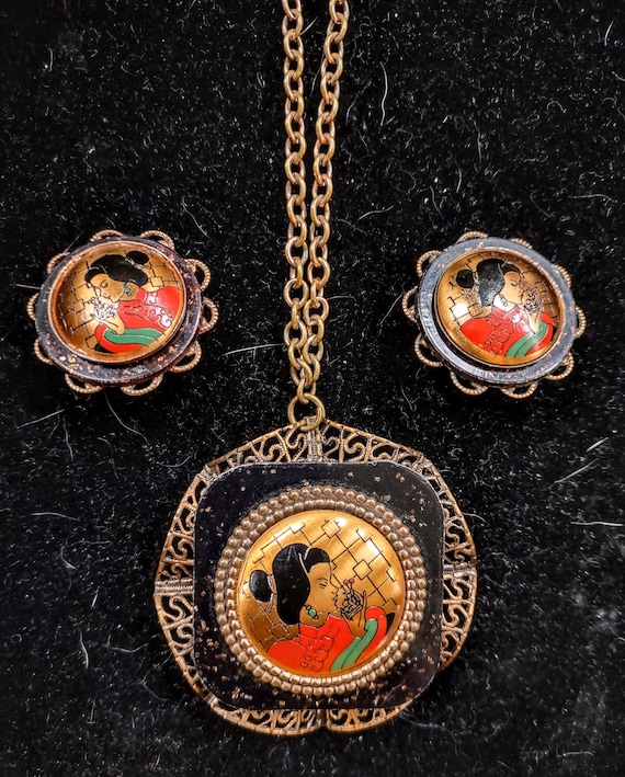 Vintage Copper Asian Geisha Girl Jewelry Set, Necklac… - Gem