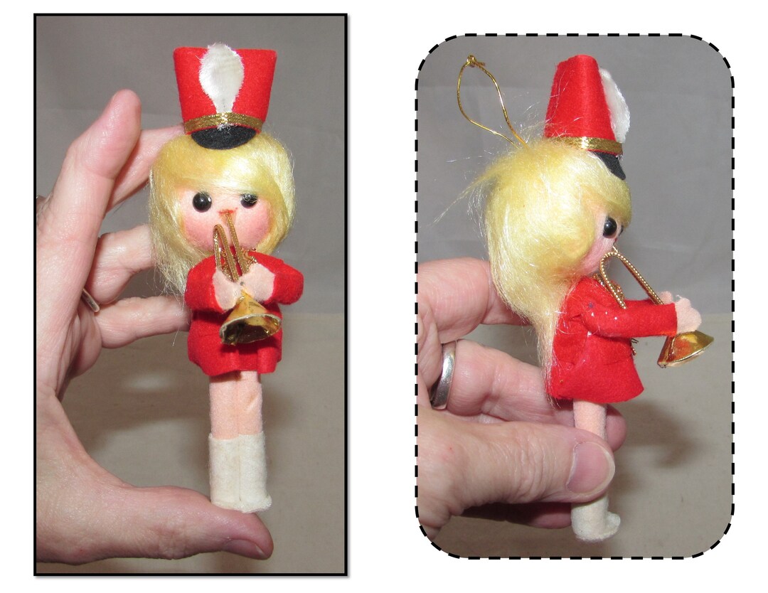 Vintage Bendable Red Felt Girl Playing Trumpet Christmas Tree Ornament ...