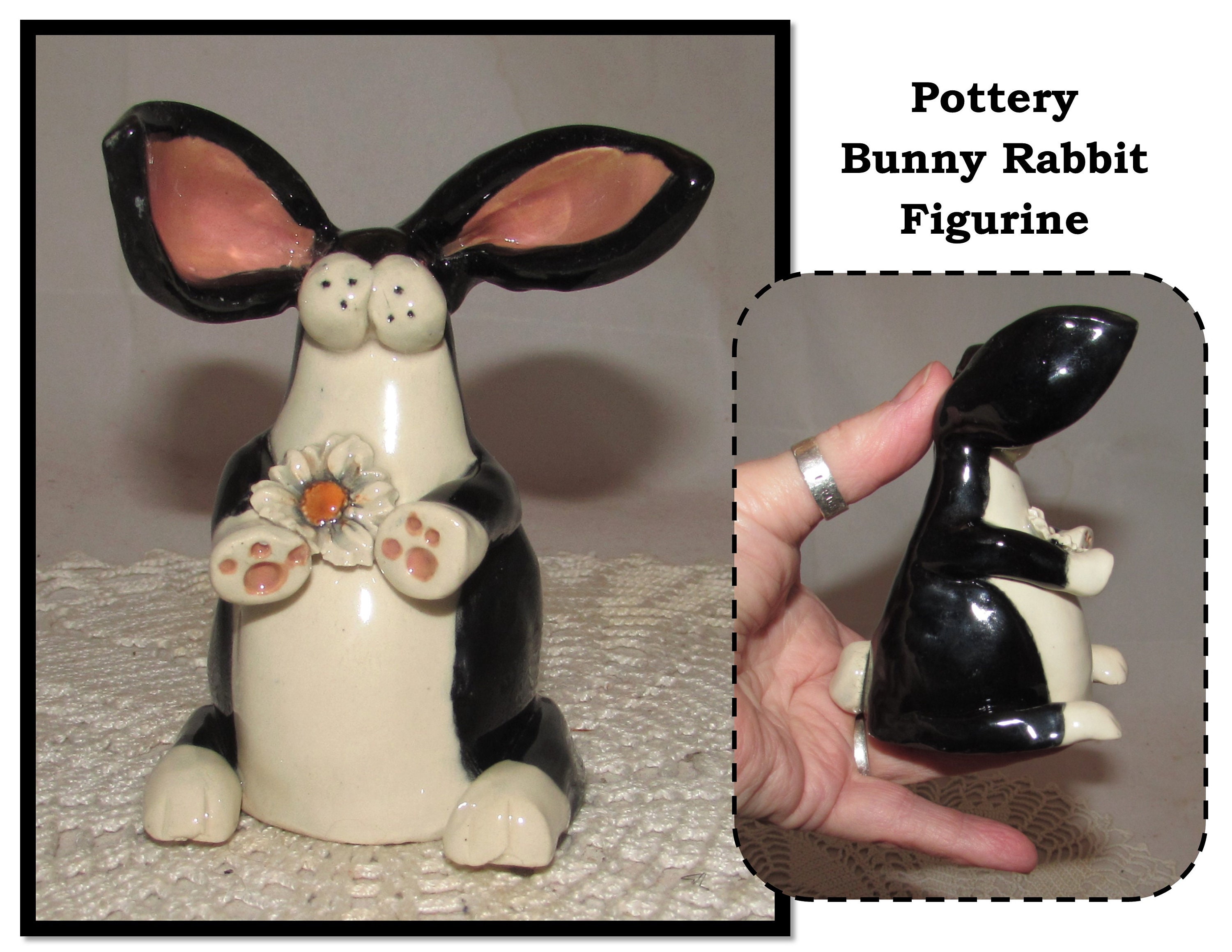 Vintage Handmade Pottery Black Bunny Rabbit Figurine w/ Big | Etsy