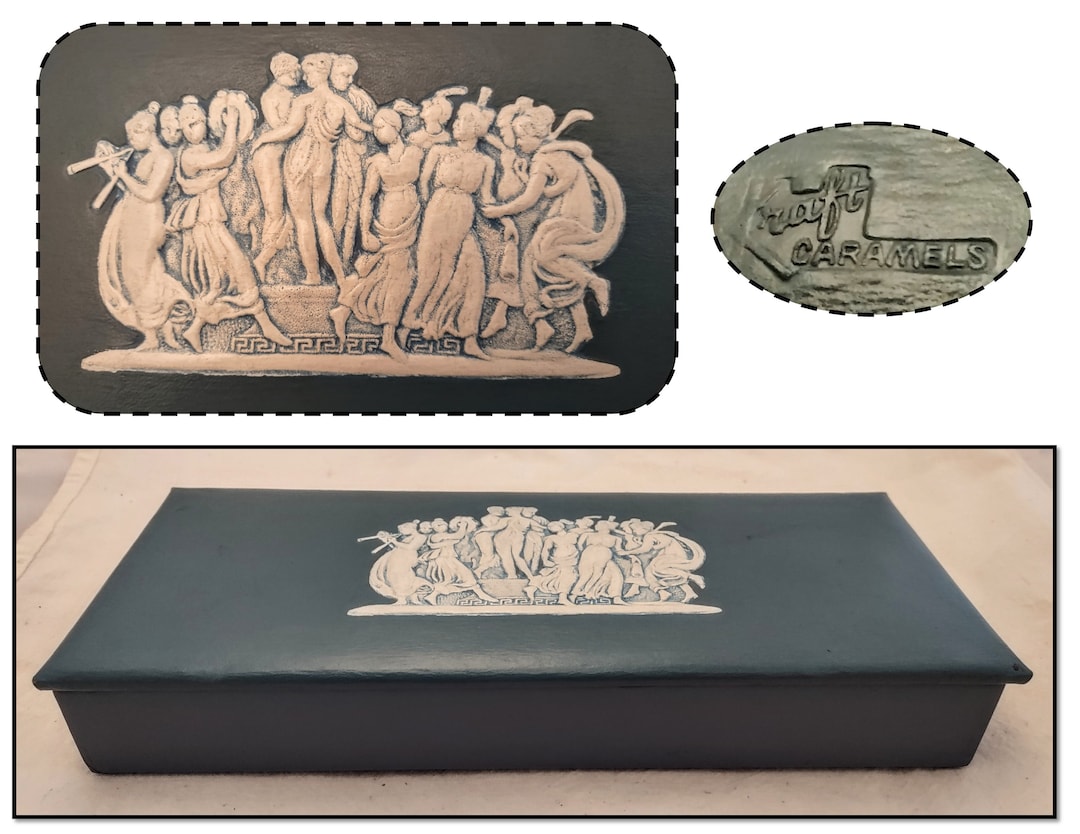 Vintage Gray Blue Kraft Caramels Candy Box With Raised Greek Scene With ...