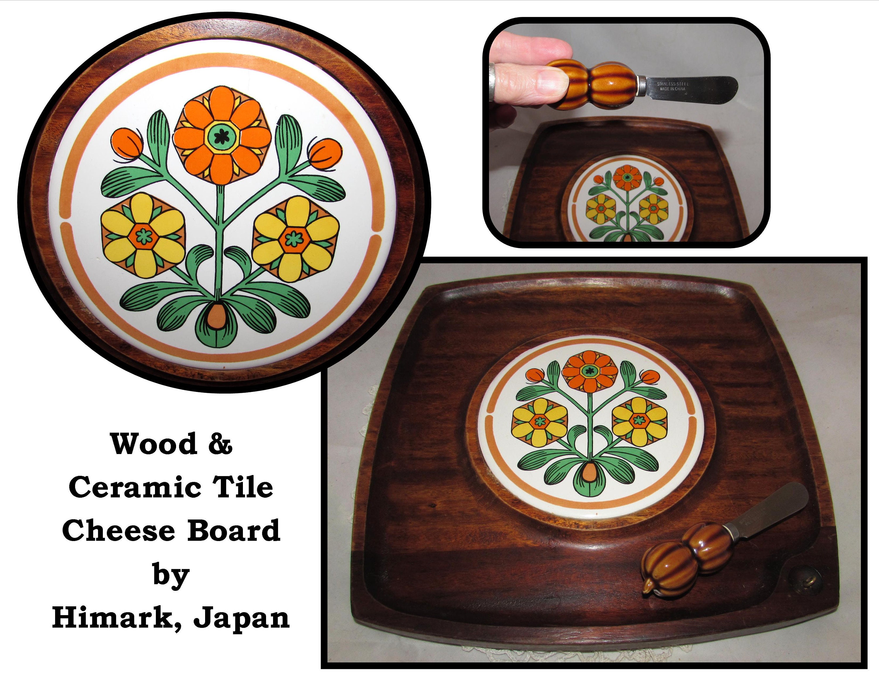 Vintage Wooden Cheese Plate Board W/ Round Ceramic Tile With | Etsy