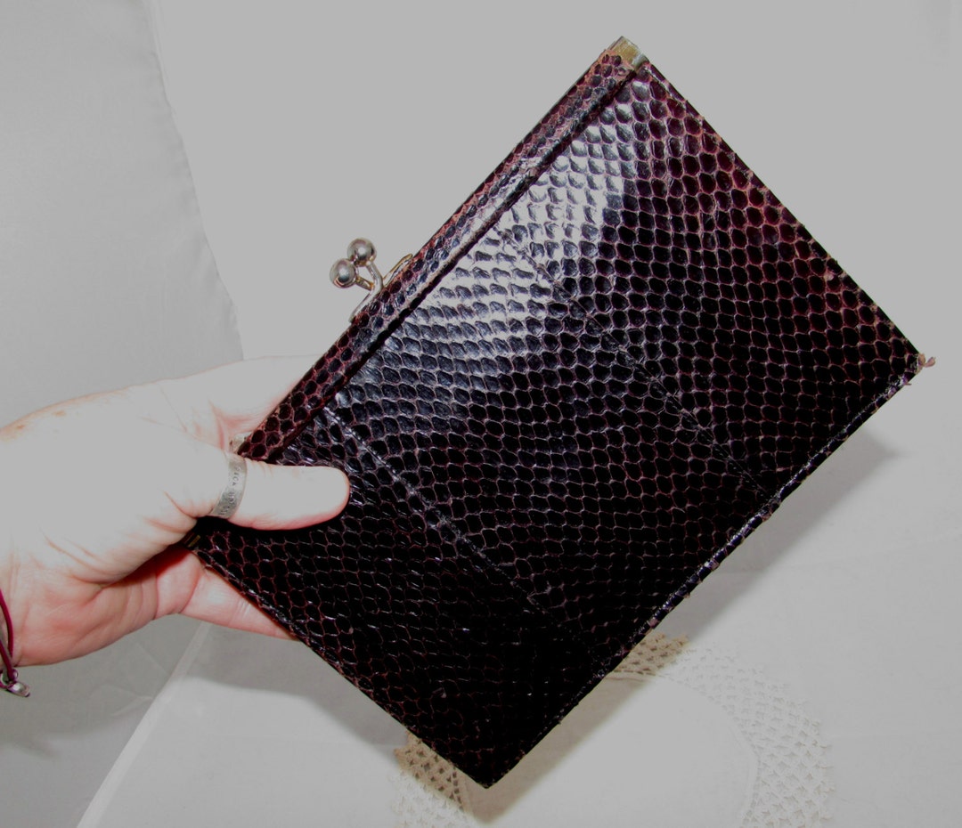 Vintage Dark Brown Black Snake Skin Leather Clutch Purse With Chain by ...