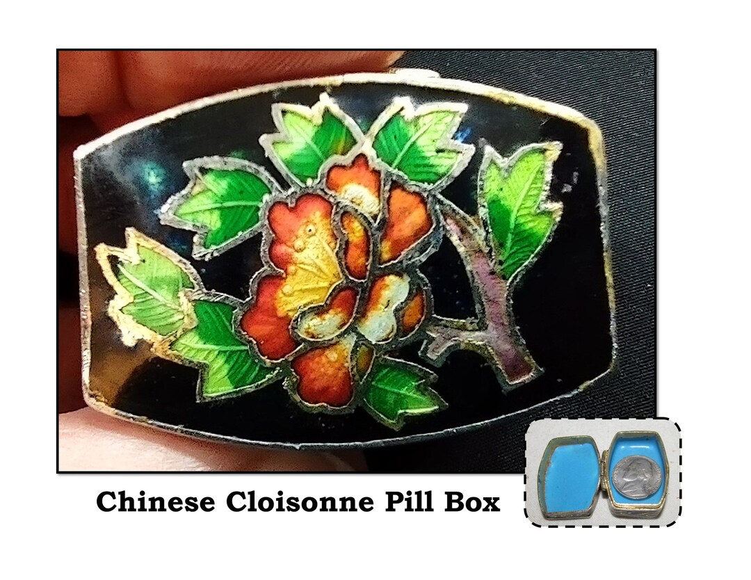 Vintage Chinese Cloisonne Pill Box, Black With Orange Flower, Beijing ...