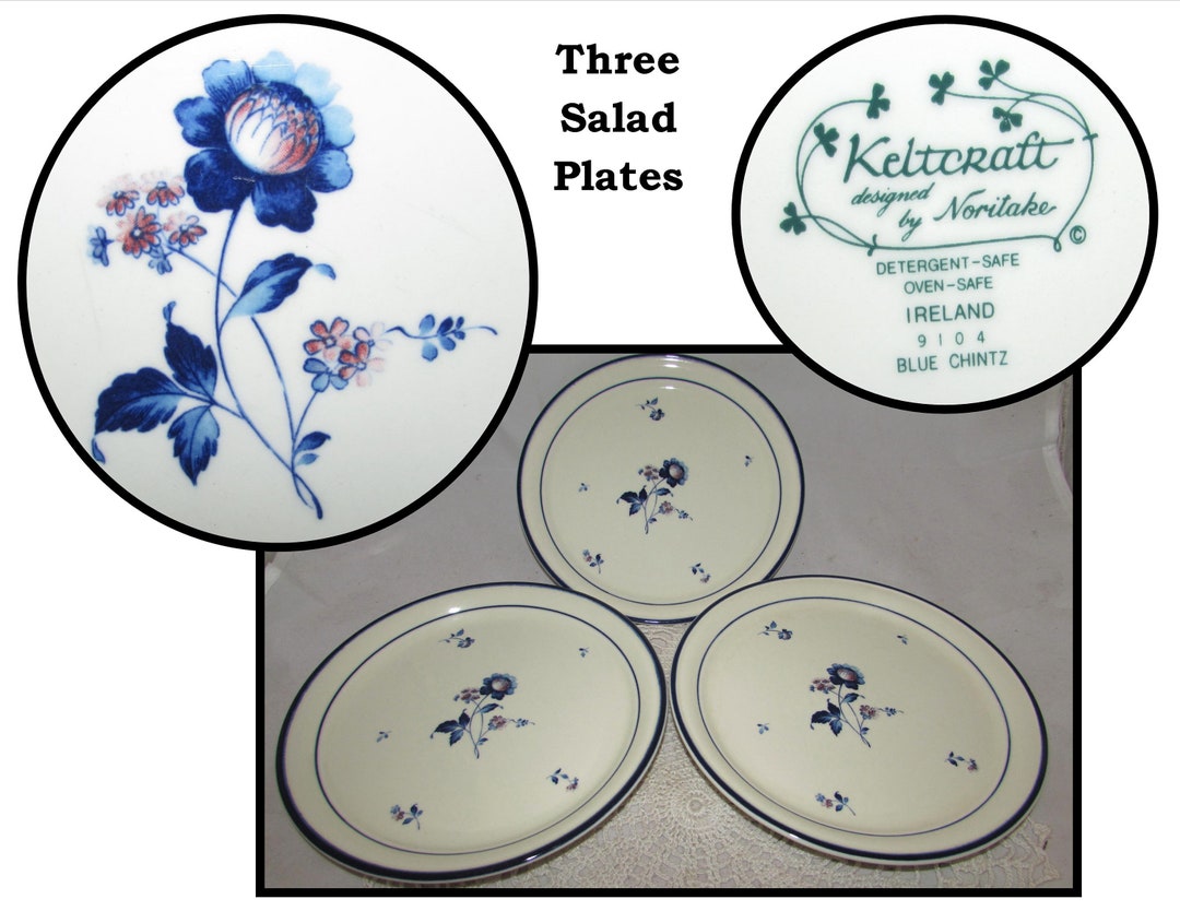 THREE Vintage Keltcraft Salad Plates, Blue Chintz Flower Pattern by ...