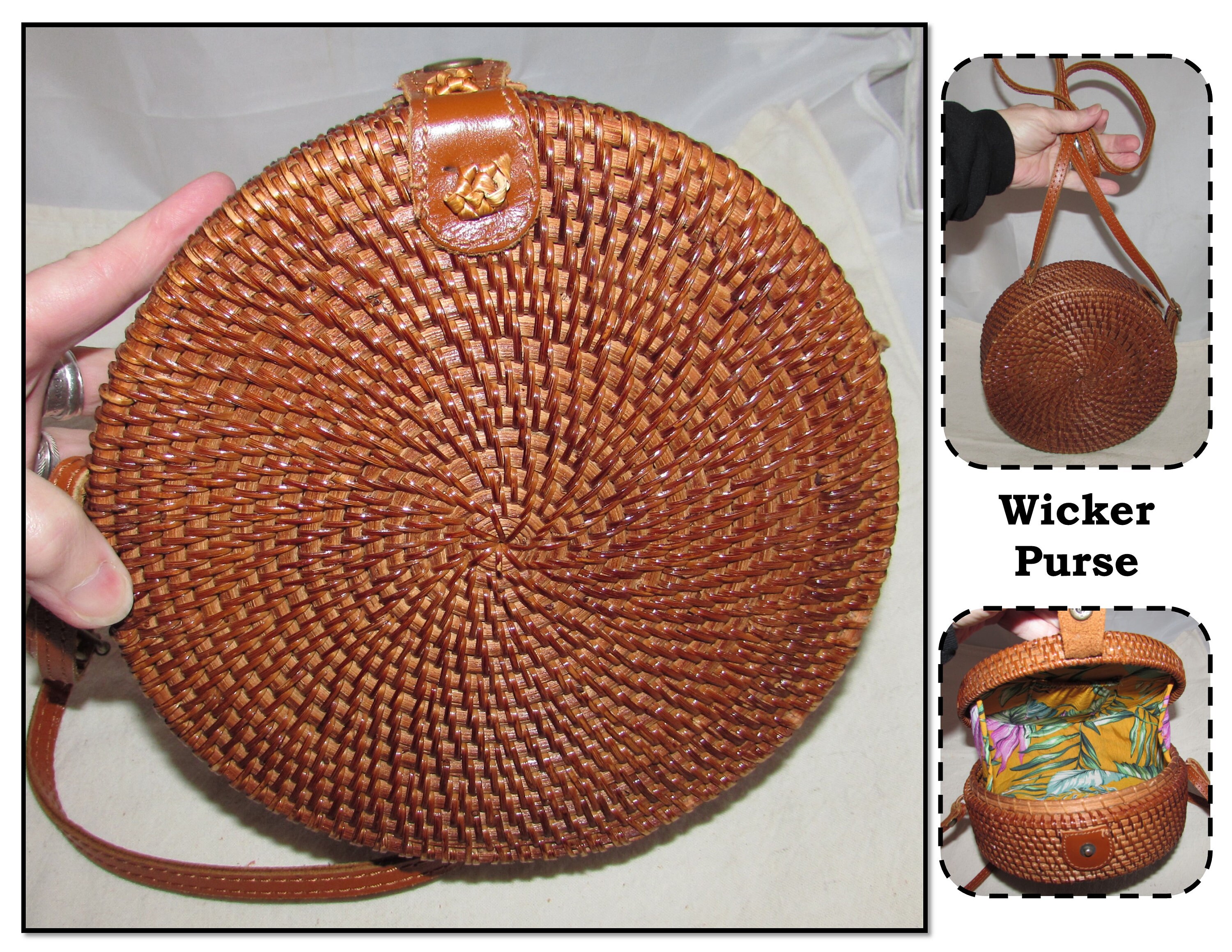 Vintage Round Wicker Crossbody Purse Lined Adjustable Strap
