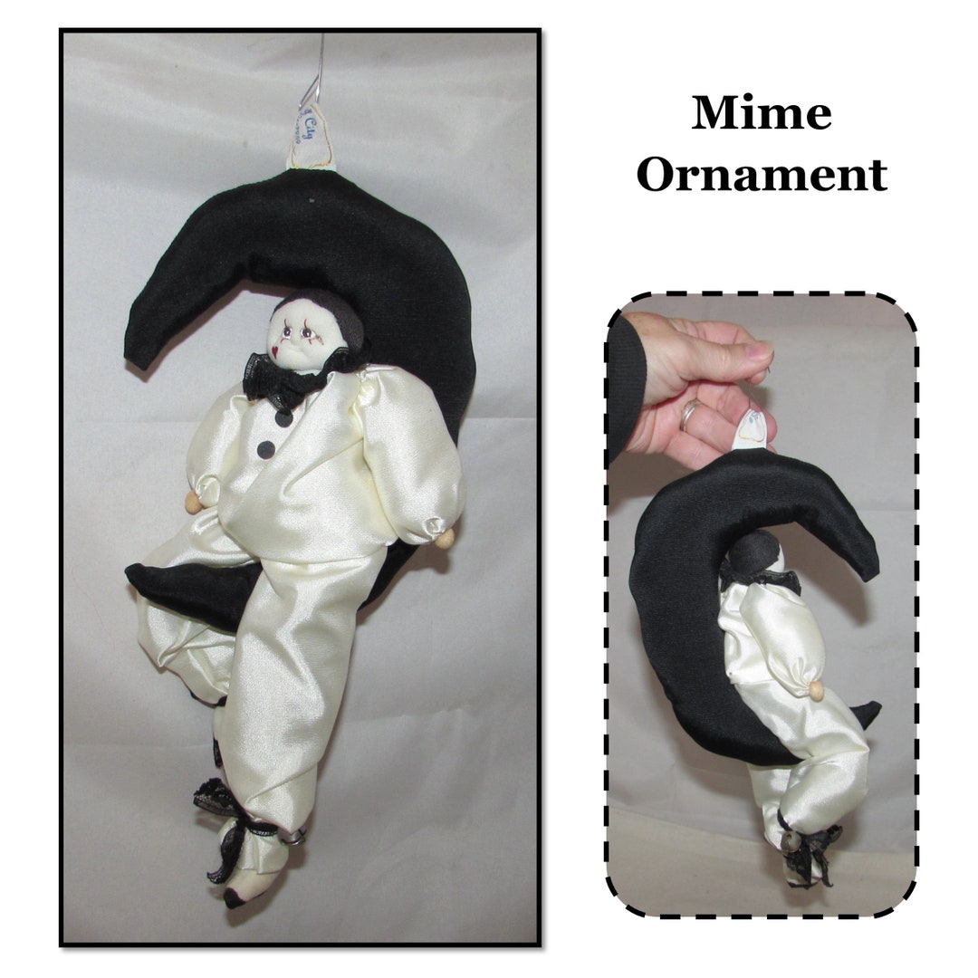 Vintage Stuffed Cloth Mime Sitting on Moon Ornament, Black & White - Etsy