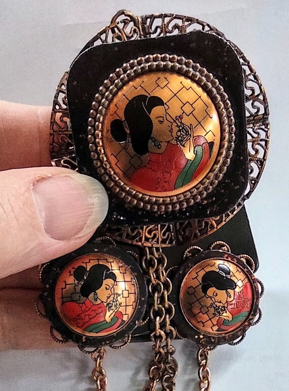 Vintage Copper Asian Geisha Girl Jewelry Set, Necklac… - Gem
