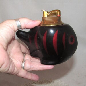 Vintage Black & Red Lacquered Pottery Fish Shaped Desk Lighter, Made in ...