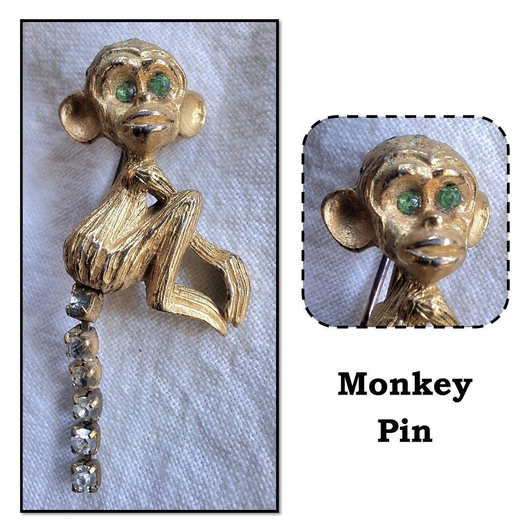 Vintage Gold Tone Monkey Pin With Green Eyes & Rhinestone Tail - Etsy