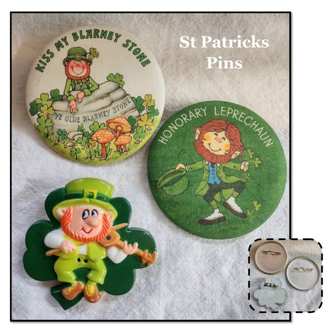 3 Vintage St Patricks Day Leprechaun Button Pins, Kiss My Blarney Stone ...