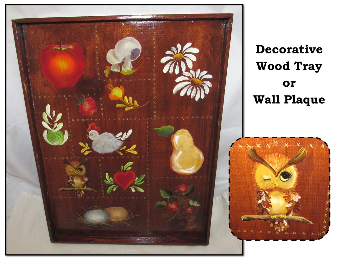 Vintage Hand Painted Tole Ware Wood Wall Tray Plaque, Fruit, Flowers ...