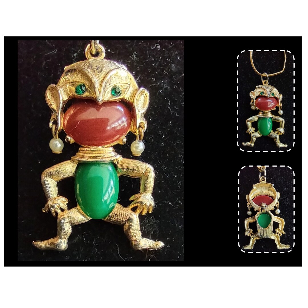 Vintage Gold Tone Pendant, Tribal or Genie Man With Cabochon Mouth ...