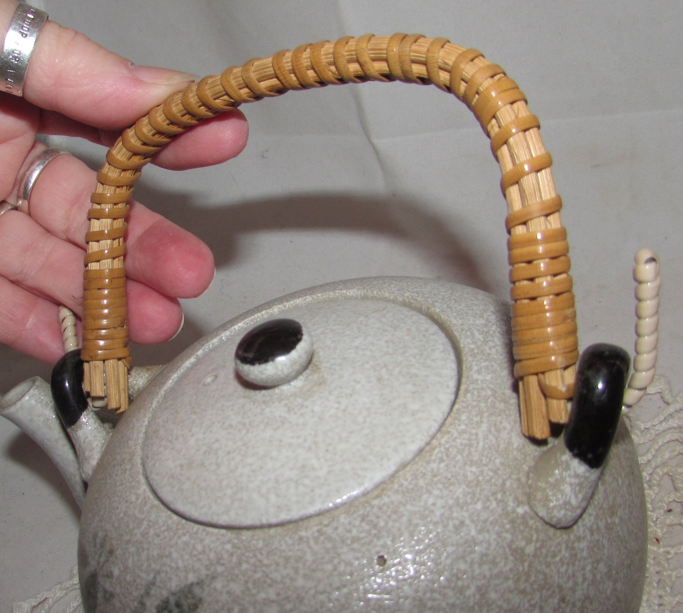 Vintage Textured Beige Stoneware Teapot W/ Bamboo Handle & 4 | Etsy