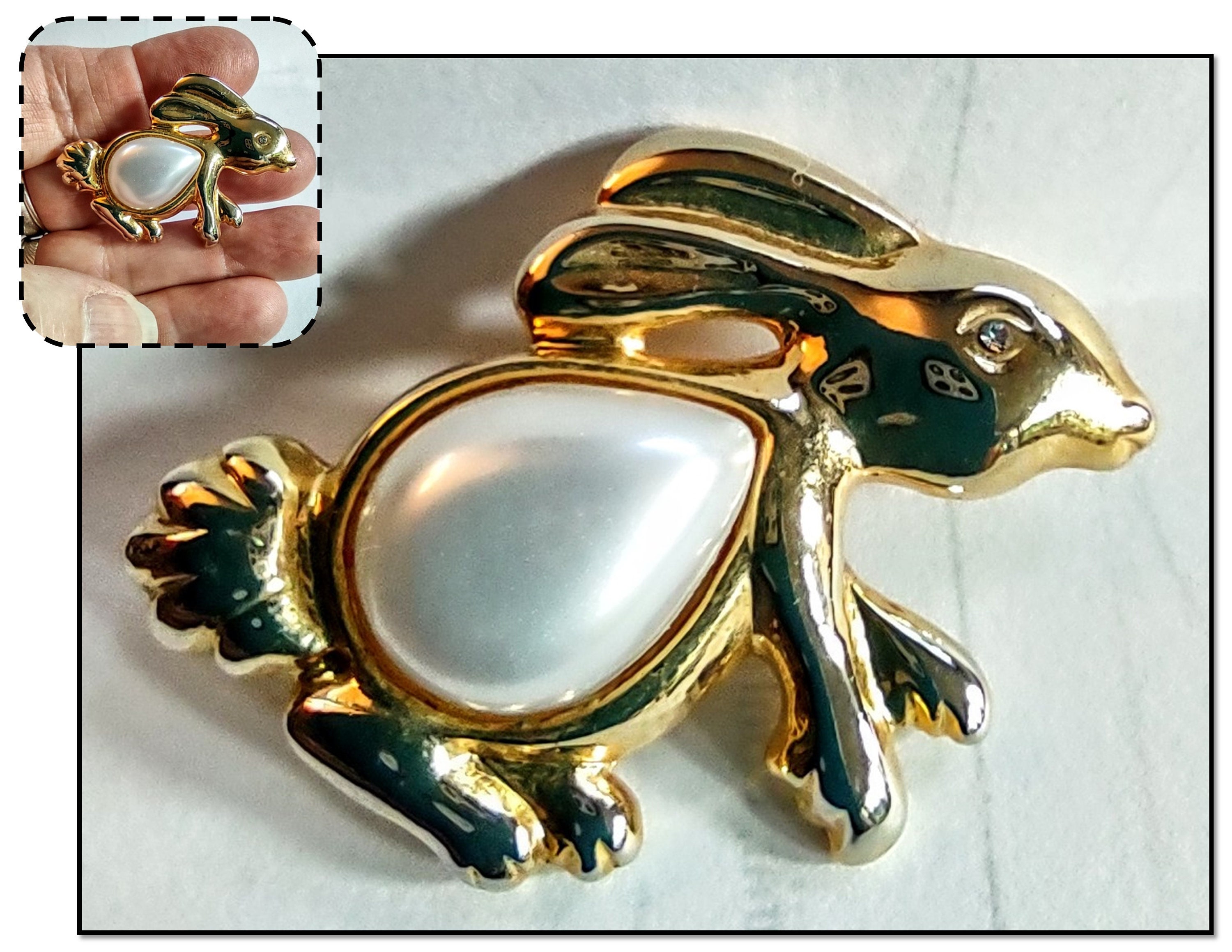 Vintage Gold Tone Jelly Belly Pearl Bunny Rabbit Brooch Pin | Etsy