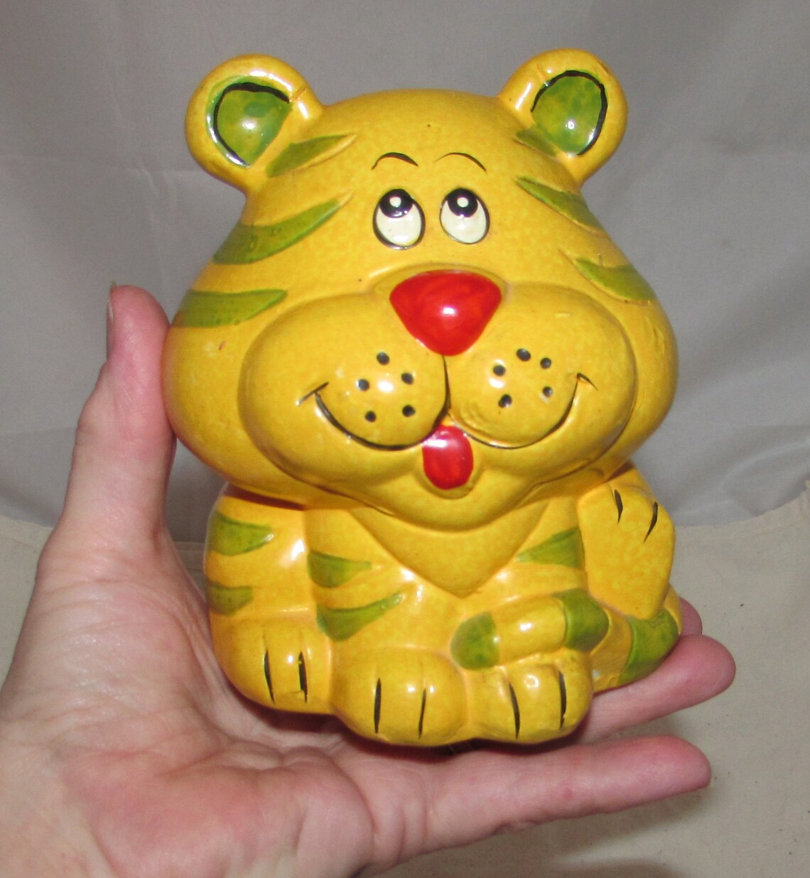 Vintage Yellow Chalkware Coin Bank, Tiger With Green Stripes - Etsy