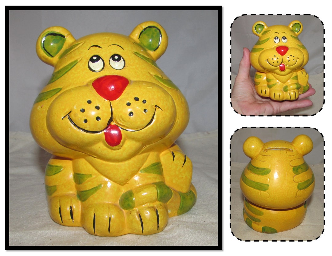 Vintage Yellow Chalkware Coin Bank, Tiger With Green Stripes - Etsy