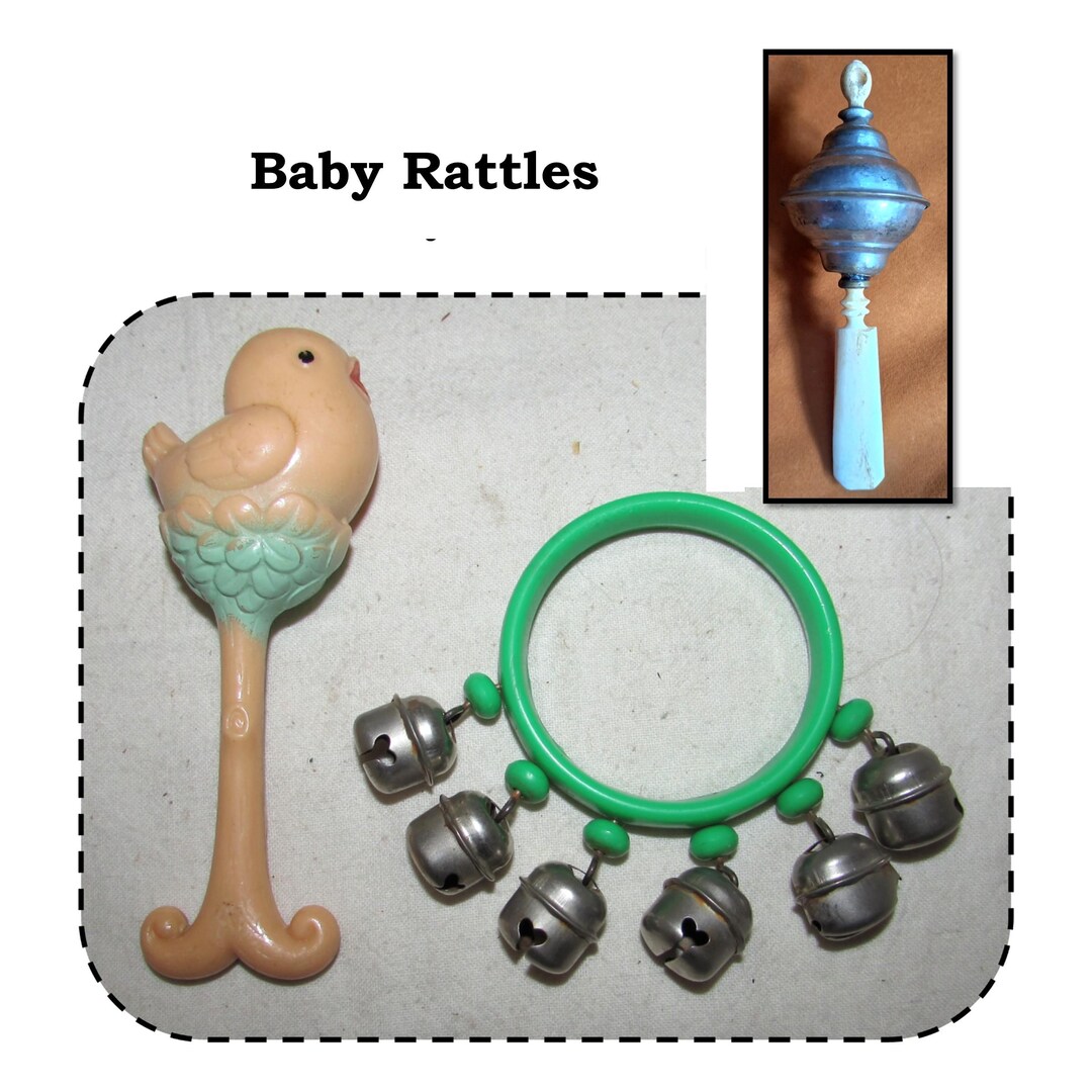 3 - Vintage Baby Rattles, Green Plastic Ring W/ 6 Bells, Stick Bird ...