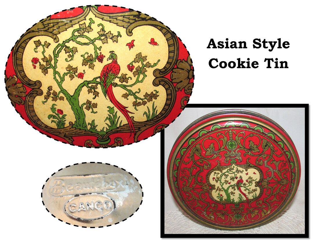 Vintage Round Tin Box, Red Peacock Asian Bird, Beautebox by Canco - Etsy