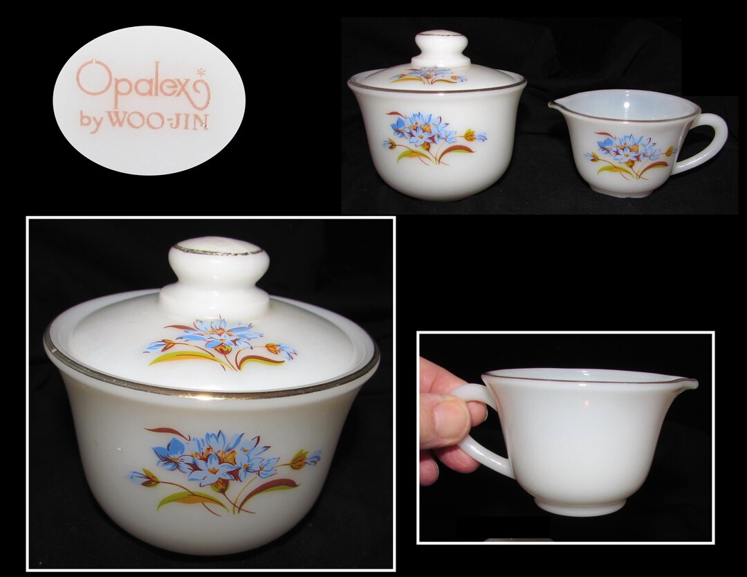 Vintage White Opalescent Glass Sugar & Cream Set W/ Blue Flowers ...