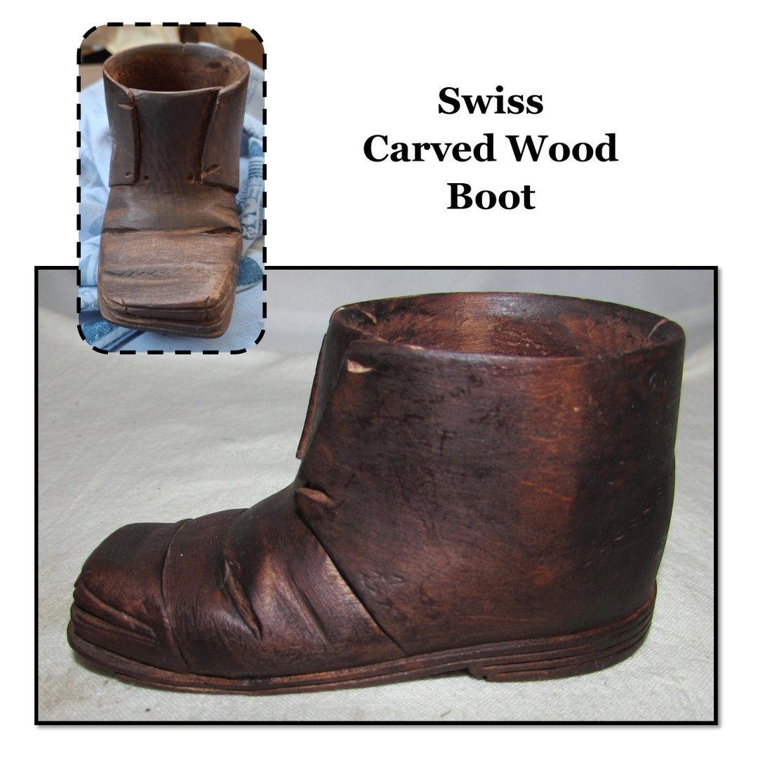Vintage Hand Carved Wood Boot Figurine Holder Ashtray, Switzerland - Etsy