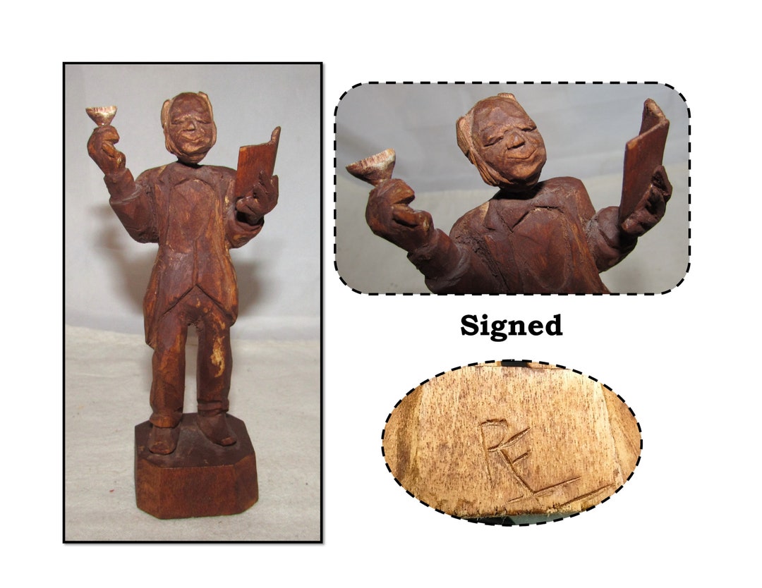 Vintage Hand Carved Wooden Old Preacher Man With Book Bible, Signed R E ...
