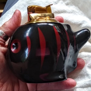 Vintage Black & Red Lacquered Pottery Fish Shaped Desk Lighter, Made in ...