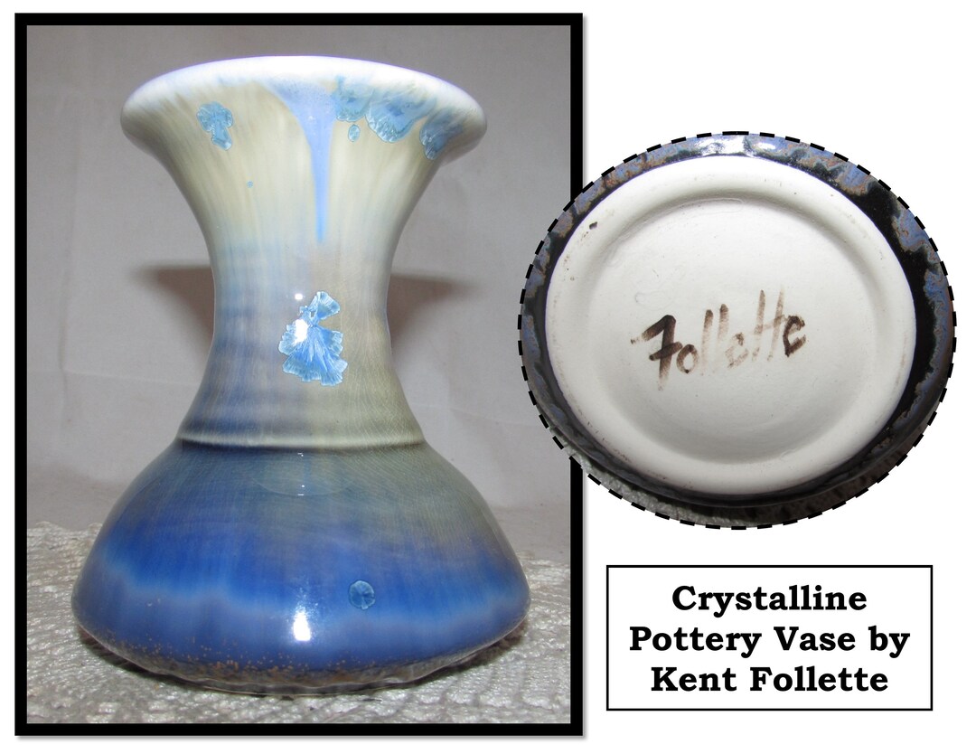 Hand Turned Blue Pottery Bud Vase W/ Crystalline Glaze, Signed ...