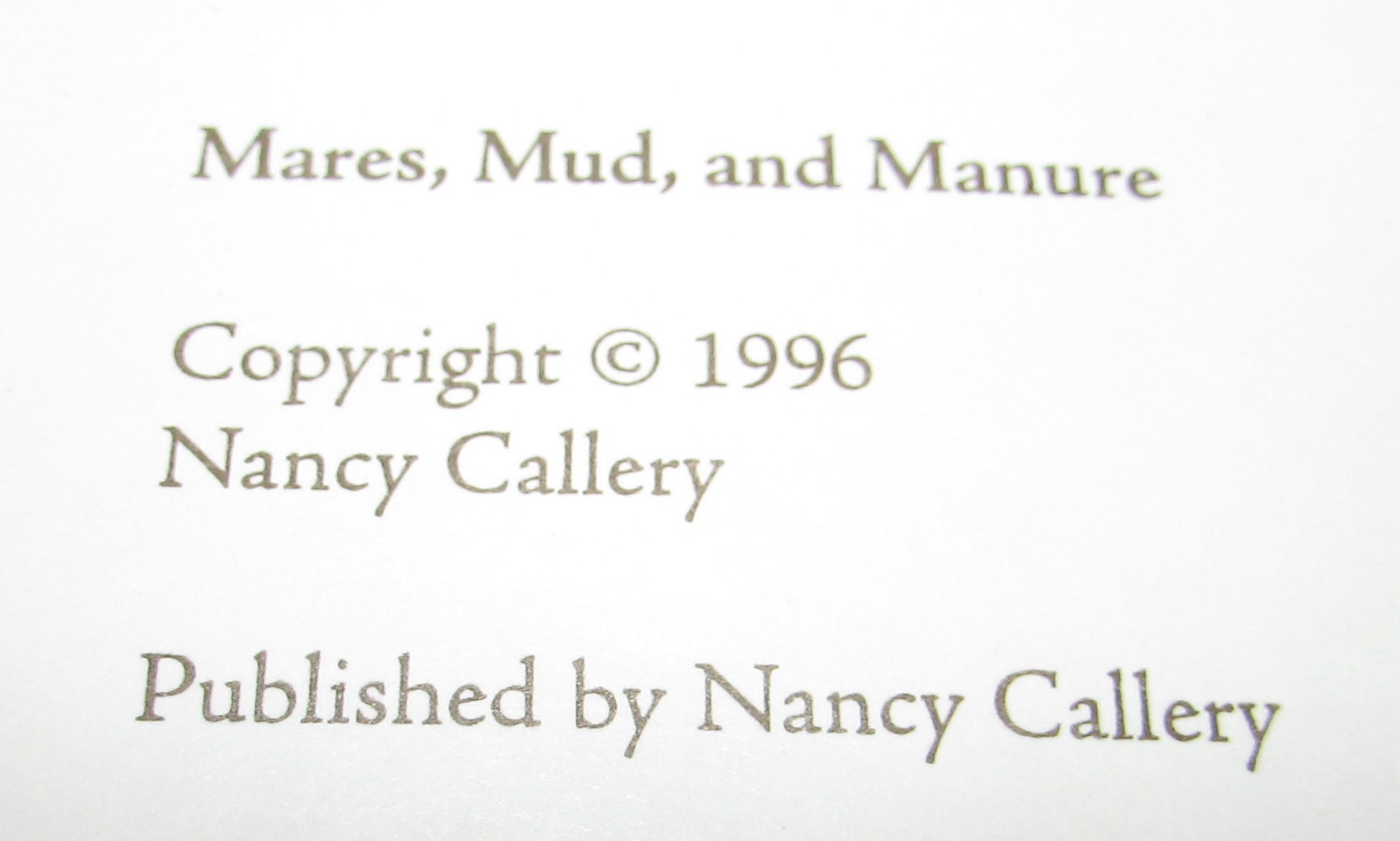 Vintage 1996 Hardcover Book, Mares, Mud and Manure by Nancy Callery - Etsy