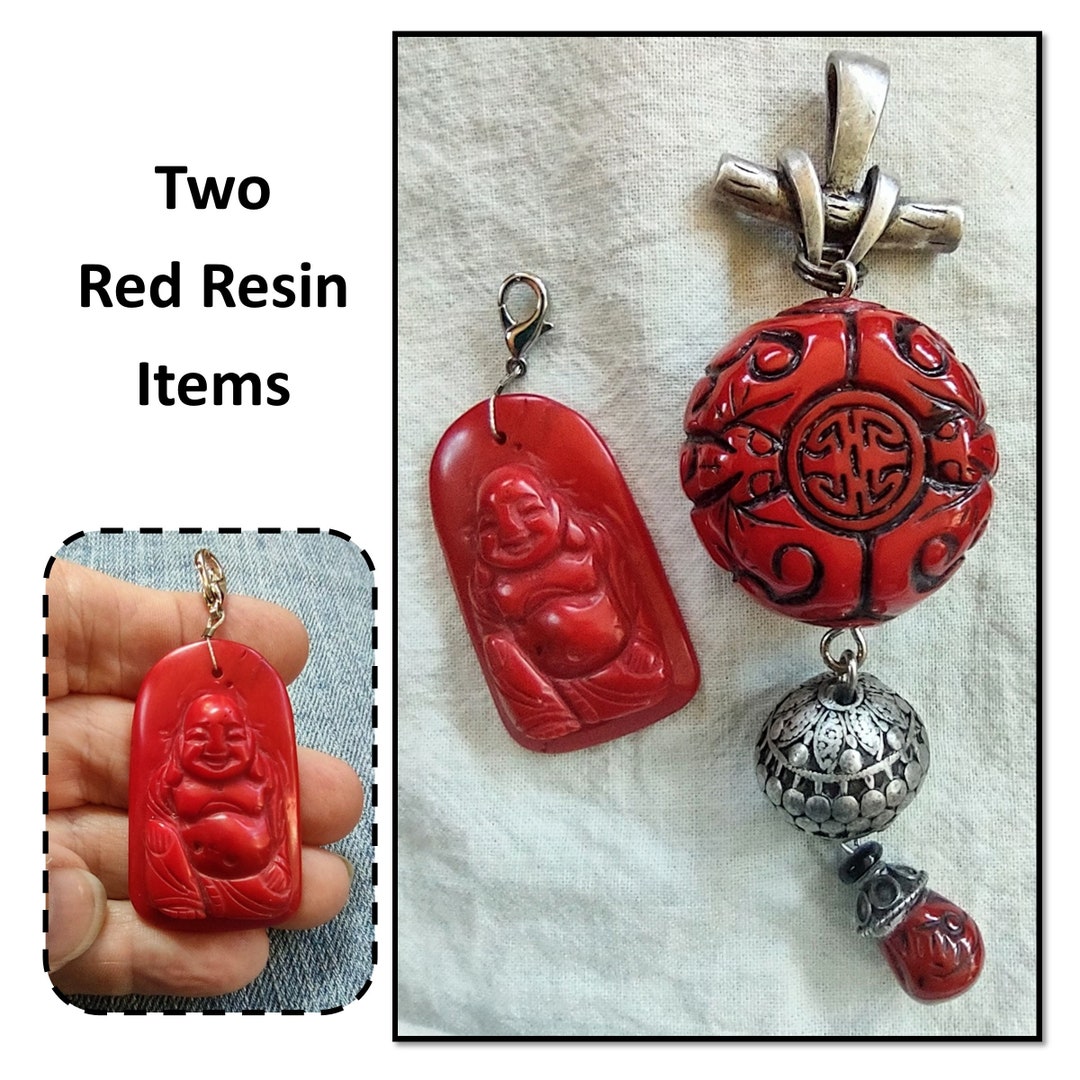 TWO - Vintage Red Faux Cinnabar Plastic Asian Style Jewelry Items ...