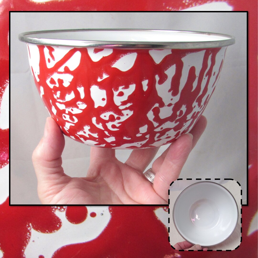 Vintage Red & White Enamel Spatterware Bowl - Etsy