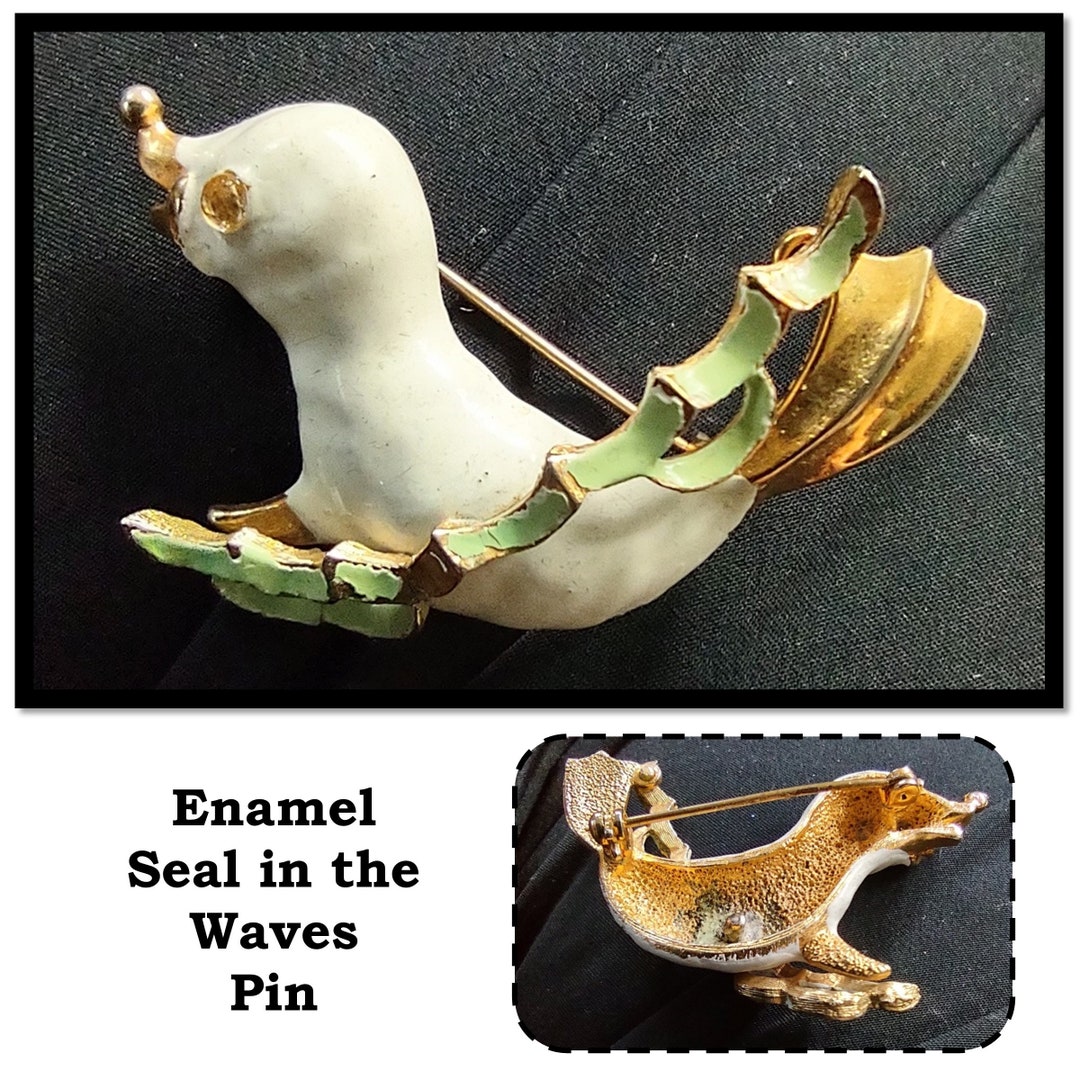 Vintage White Enamel Seal in the Waves Pin Brooch - Etsy