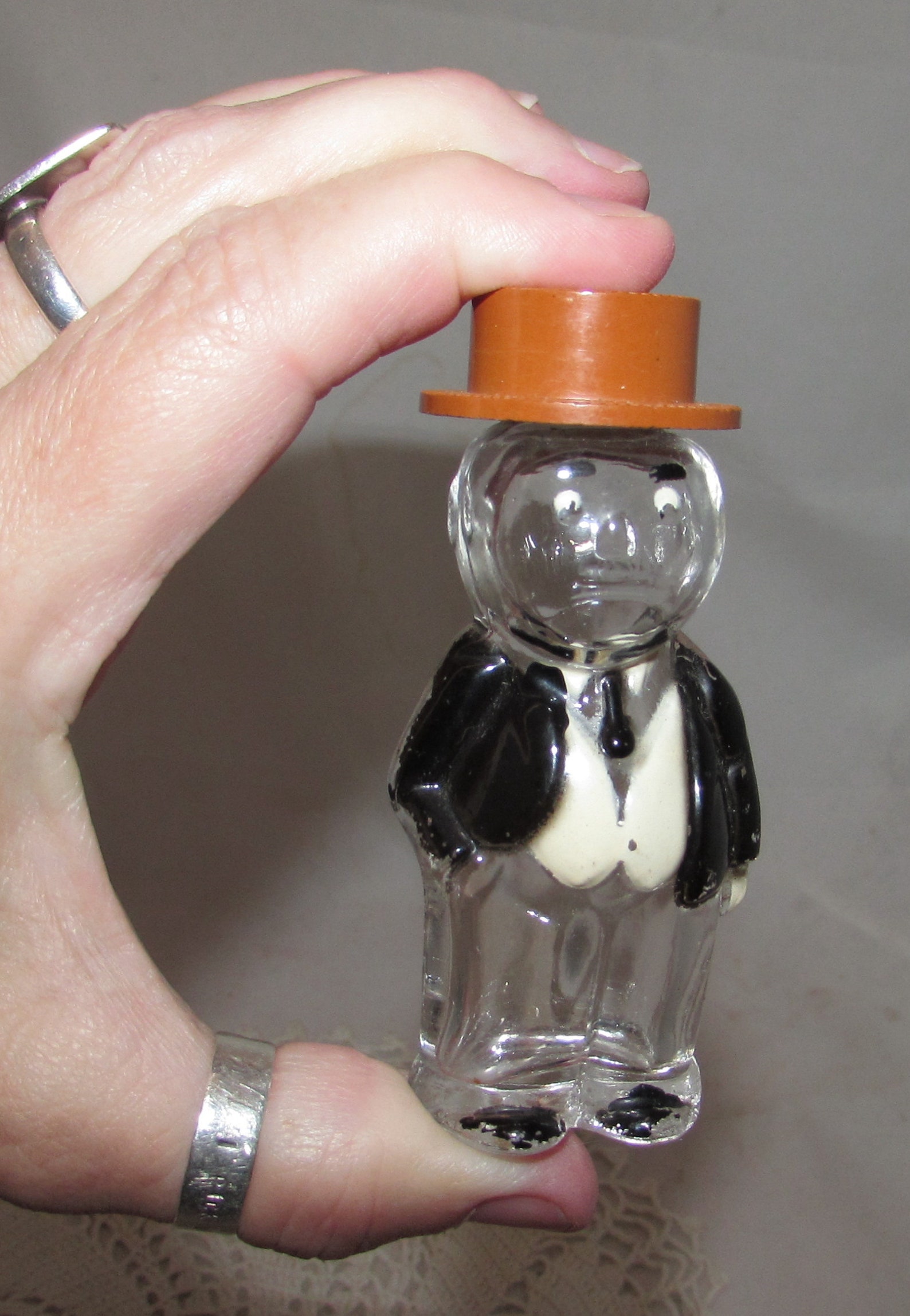Vintage Small Painted Glass Cologne Bottle, Man in Suit & Tie, Hat is ...
