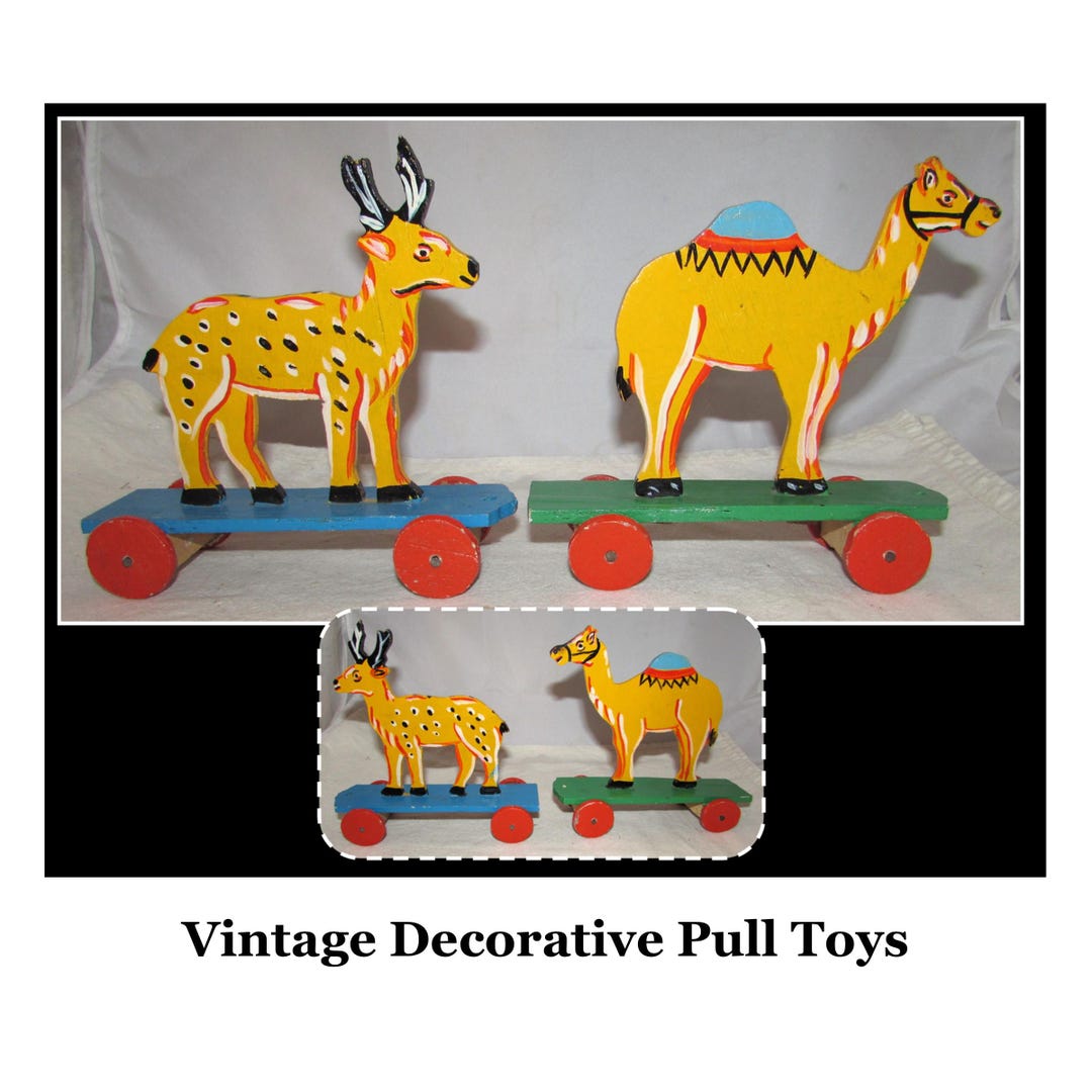 2 - Vintage Hand Painted Wood Decorative Circus Animal Pull Toys, Camel ...
