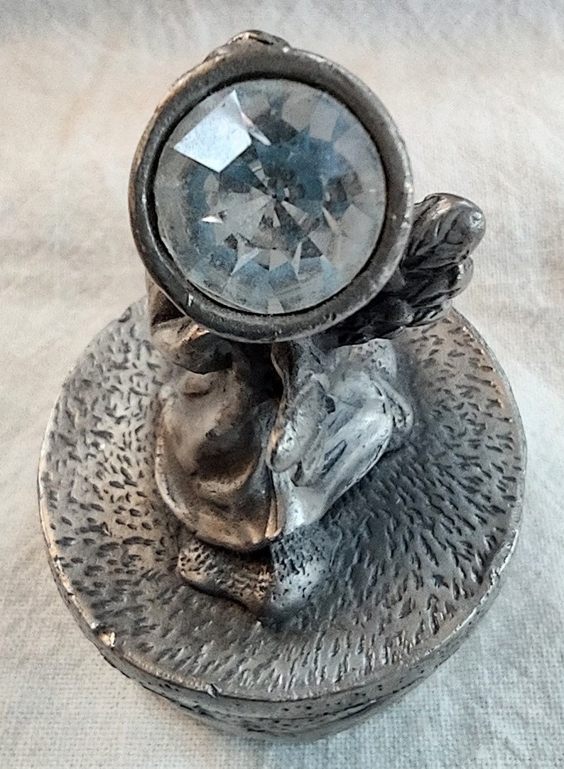 Vintage Pewter Tooth Fairy Angel Box With Rhinestone Halo W/ Flocked ...