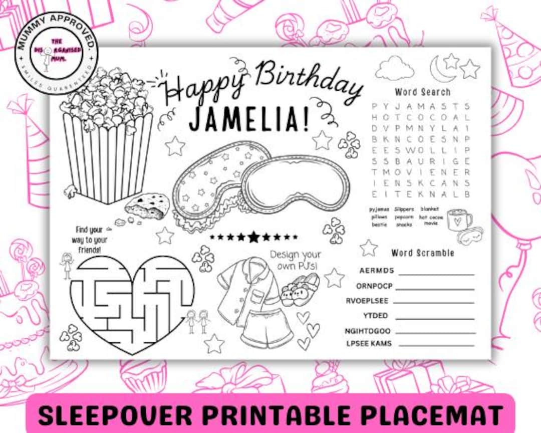 Printable Sleepover Colouring Placemat, Personalised, Digital File ...