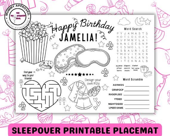 Printable Sleepover Colouring Placemat, Personalised, Digital File ...
