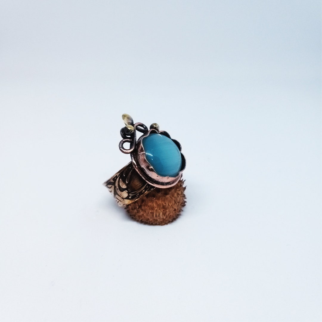 Blue Cat Eye Natural Stone Copper Ring, Djustable Ring | Made in ...