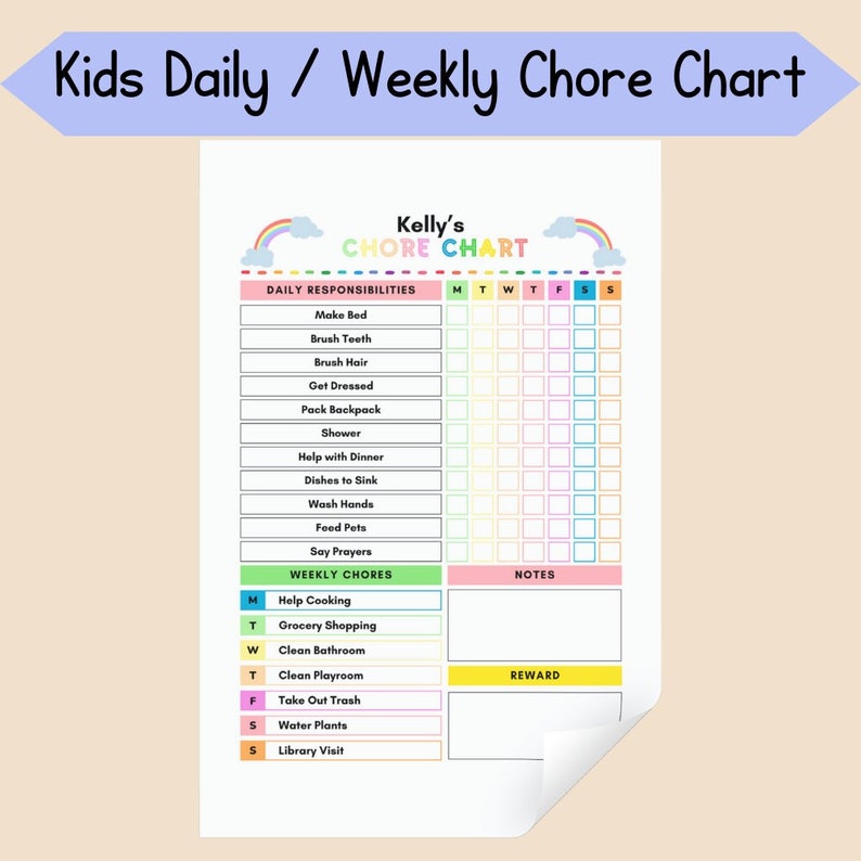 Chore Chart for Kids, Editable Daily and Weekly Kids Chore Chart, Kids ...