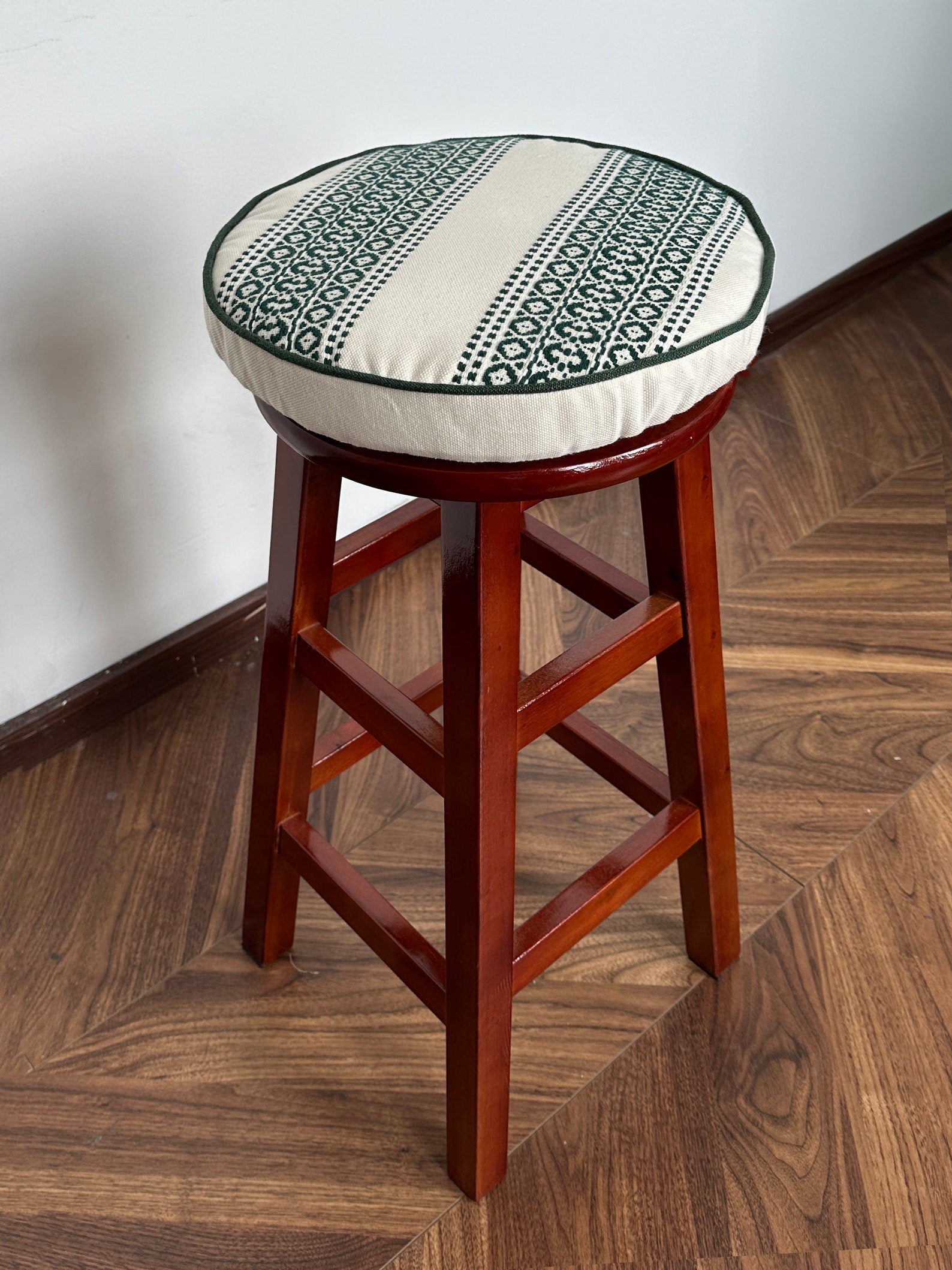 Linen Striped Chair Cushion With Piping, Green Round Stool Seat Cushion ...